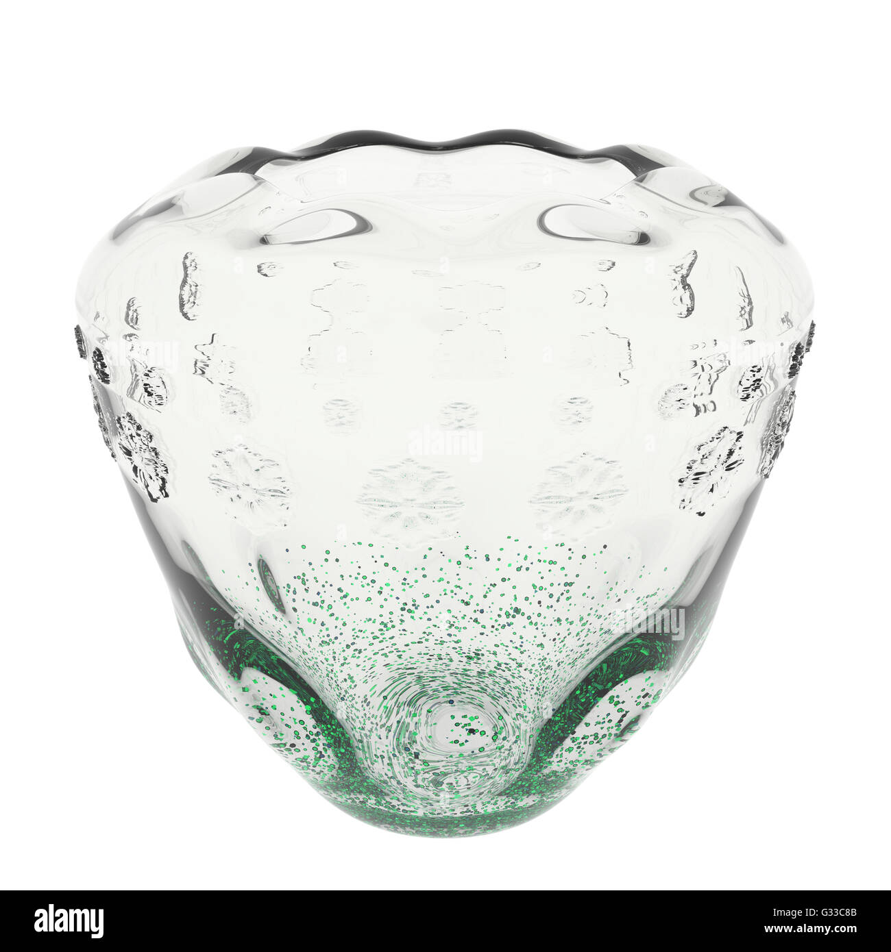 Empty glass vessel isolated on white background. Colorful crystals ...