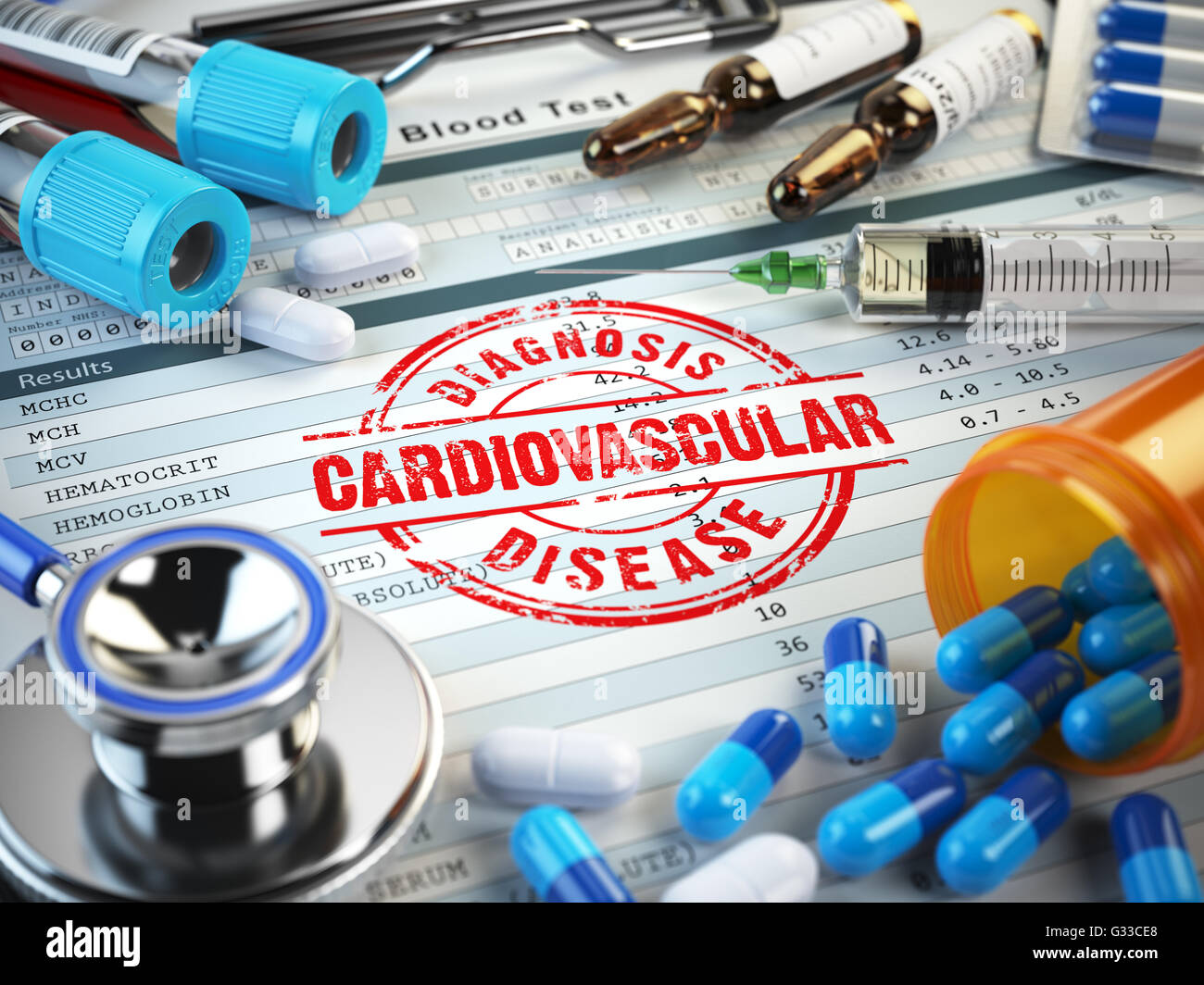Cardiovascular disease diagnosis. Stamp, stethoscope, syringe, blood ...