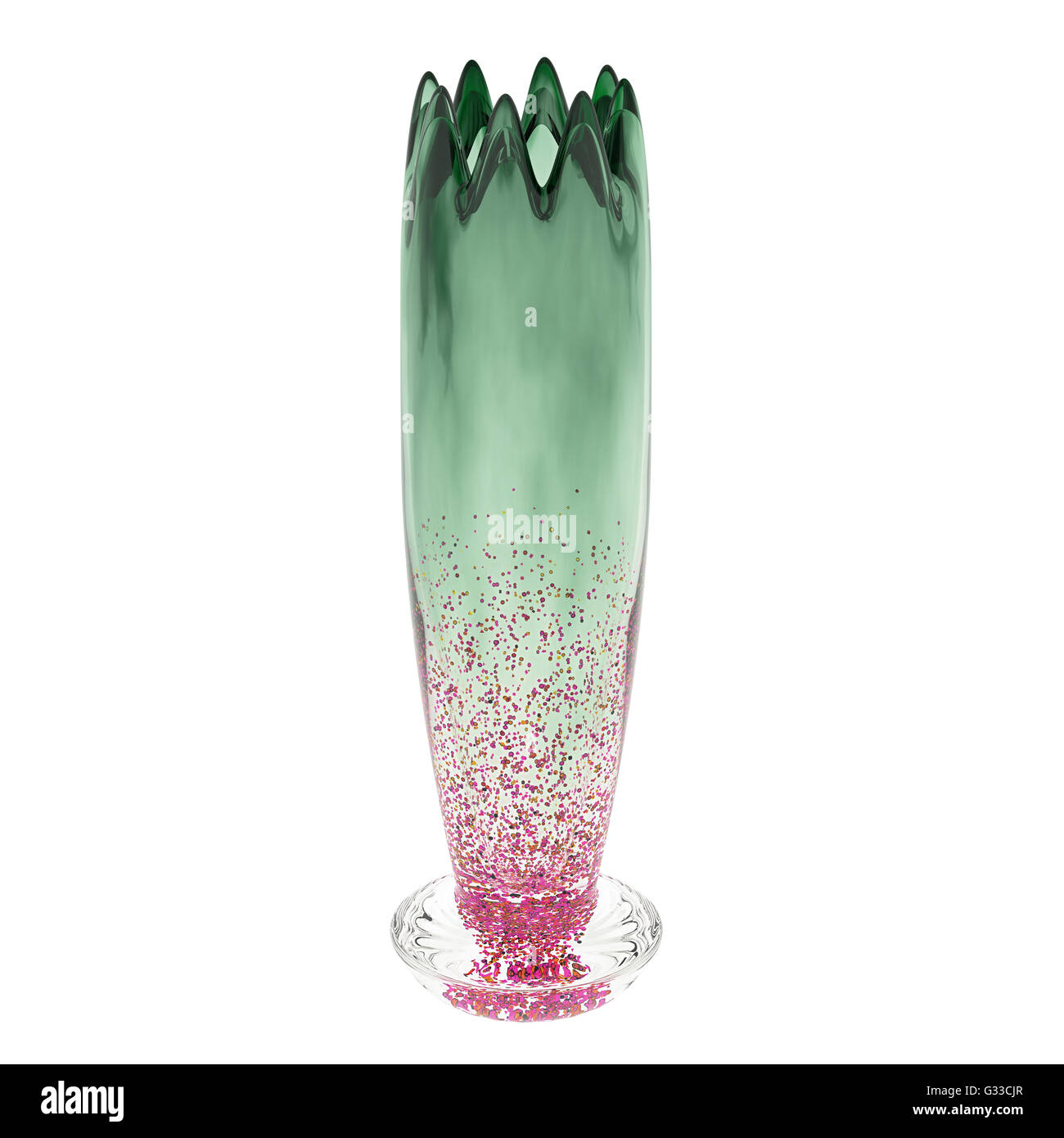 Empty glass vase isolated on white background. Colorful crystals ...