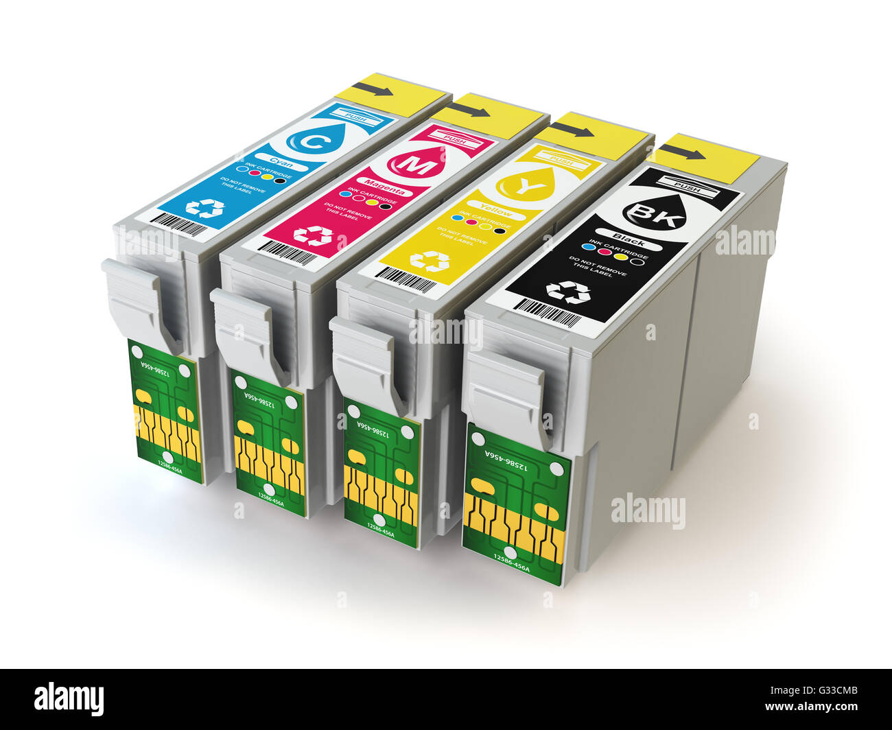 CMYK cartridges for colour inkjet printer isolated on white. 3d ...