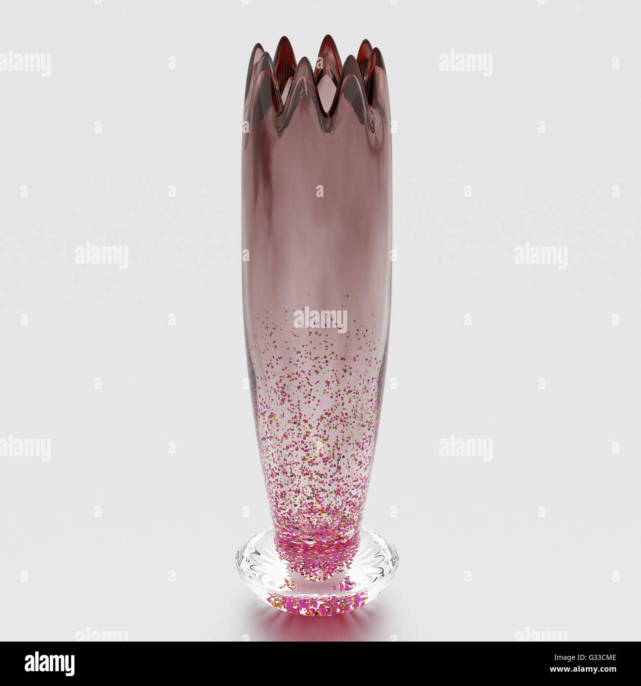 Empty glass vase isolated on white background. Colorful crystals ...