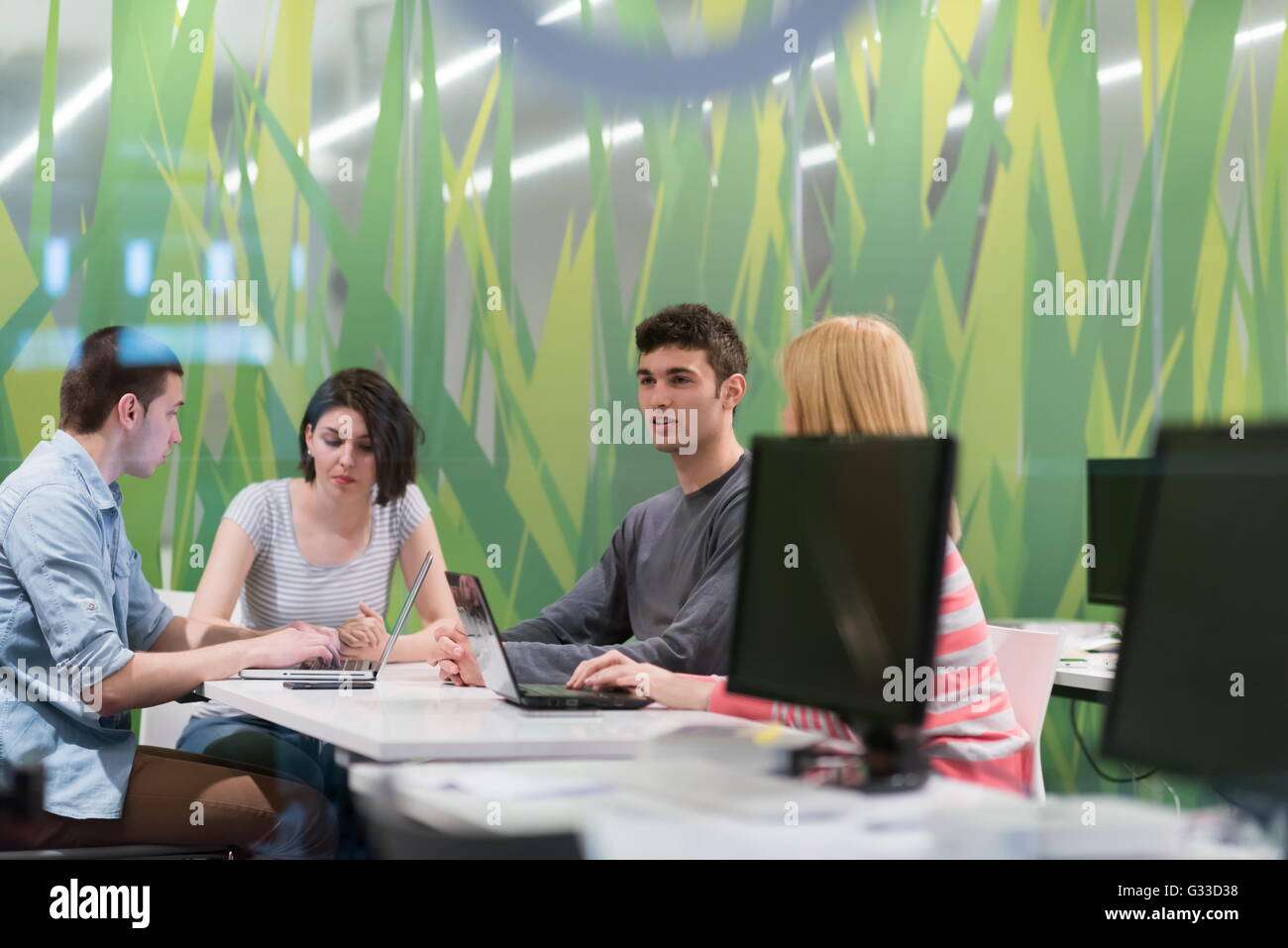 students group study together in school classroom and working together ...