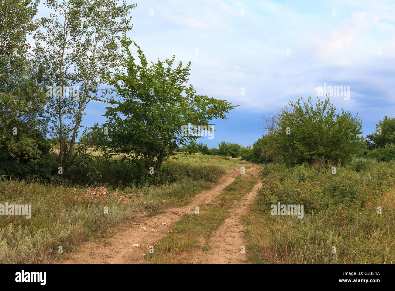 Country road. The landscape of the Russian village on the Volga river ...