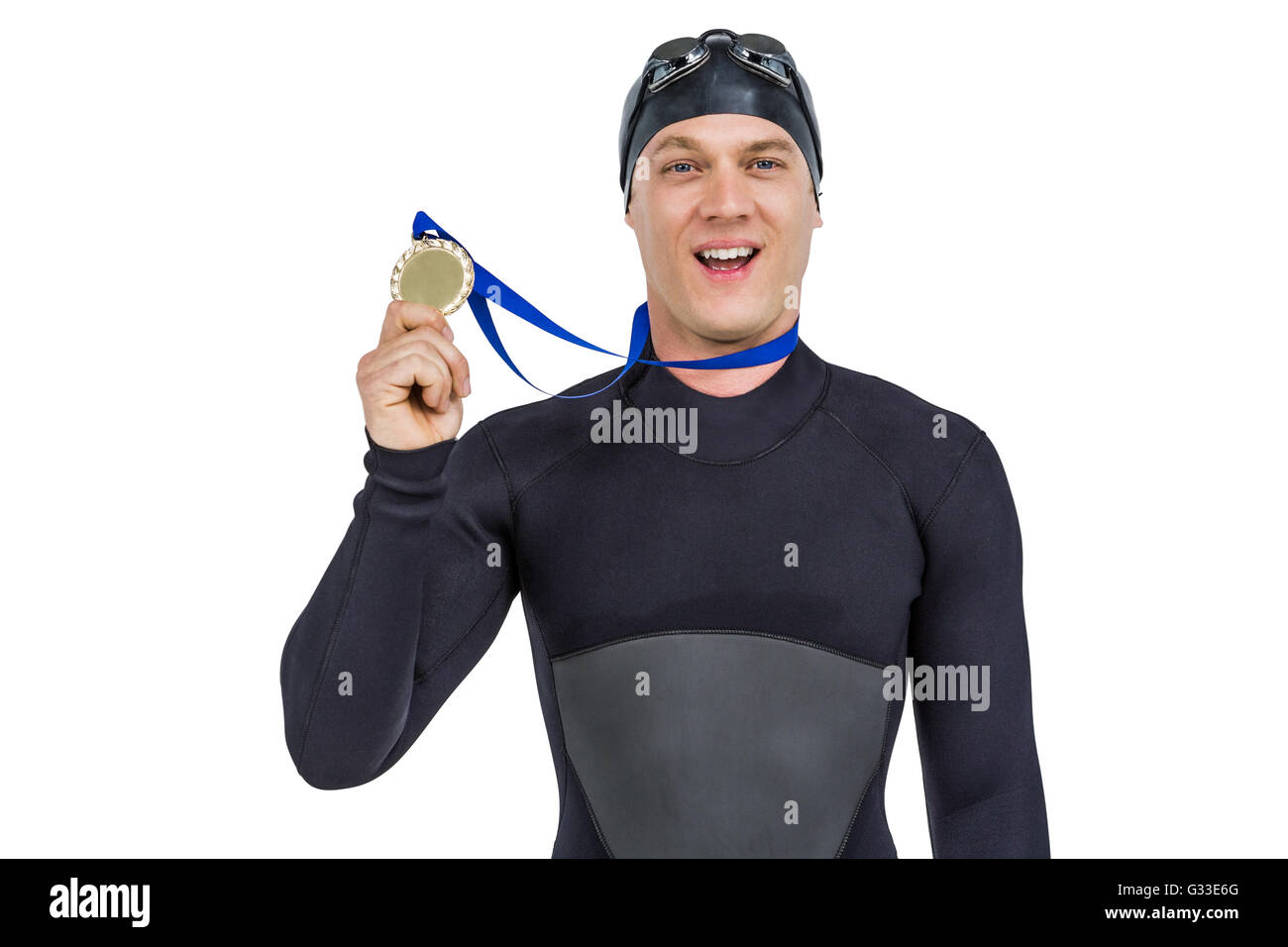 Swimmer showing his gold medal Stock Photo - Alamy