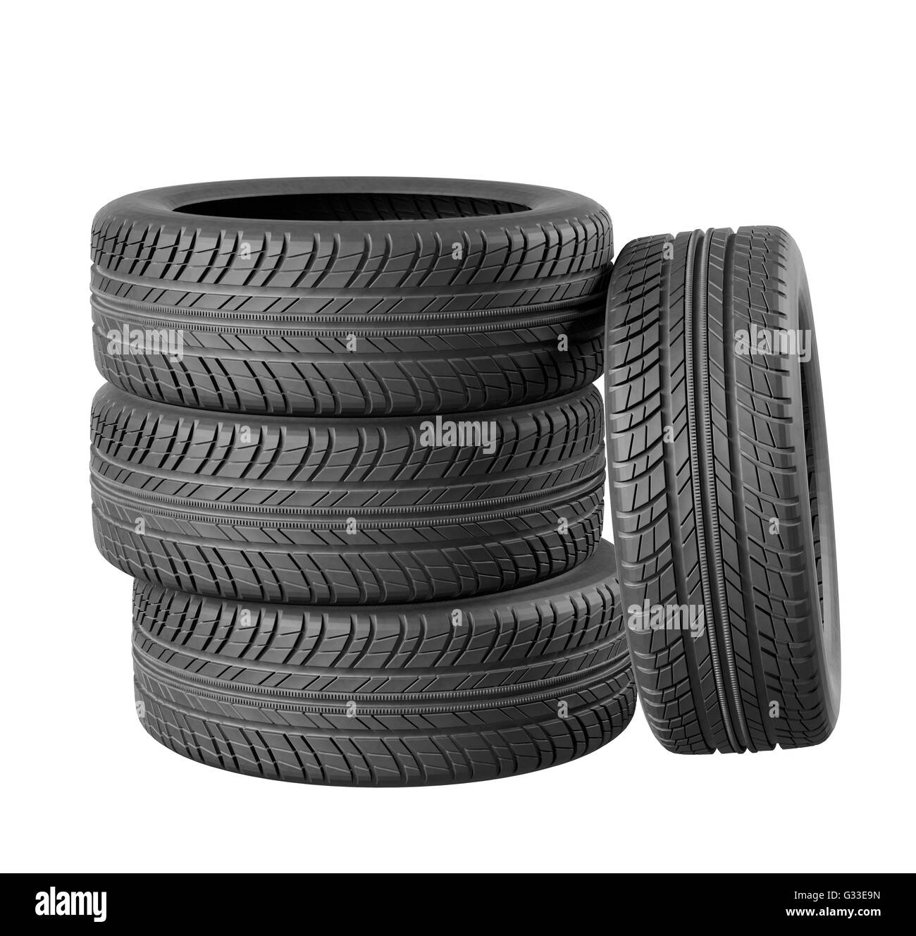 Four car tires on white background. Include clipping path. 3d ...