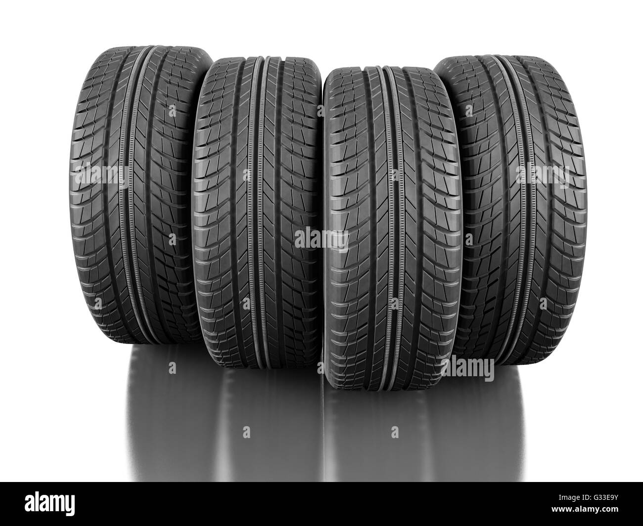 Four car tires on white background. Include clipping path. 3d ...