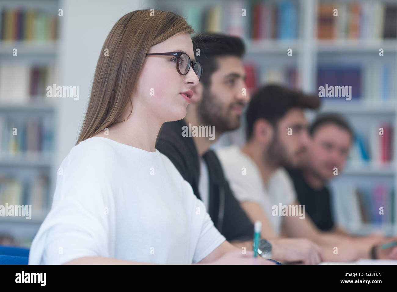 students group study together in school classroom and working together ...