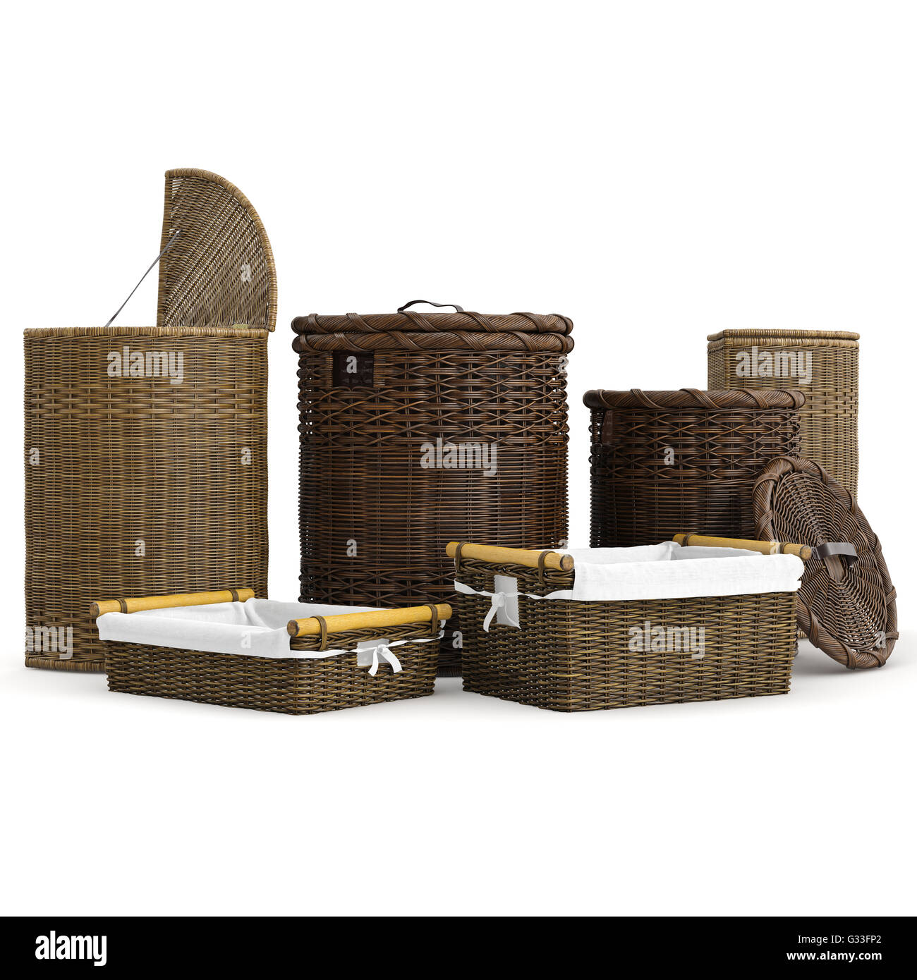 Set isolated empty wicker baskets Stock Photo - Alamy