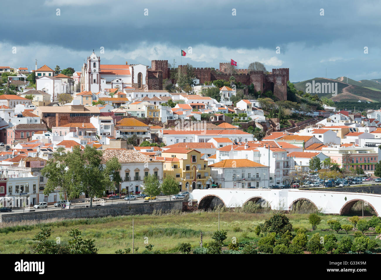 SILVES, PORTUGAL - APRIL 11, 2016 - Silves town buildings with famous ...