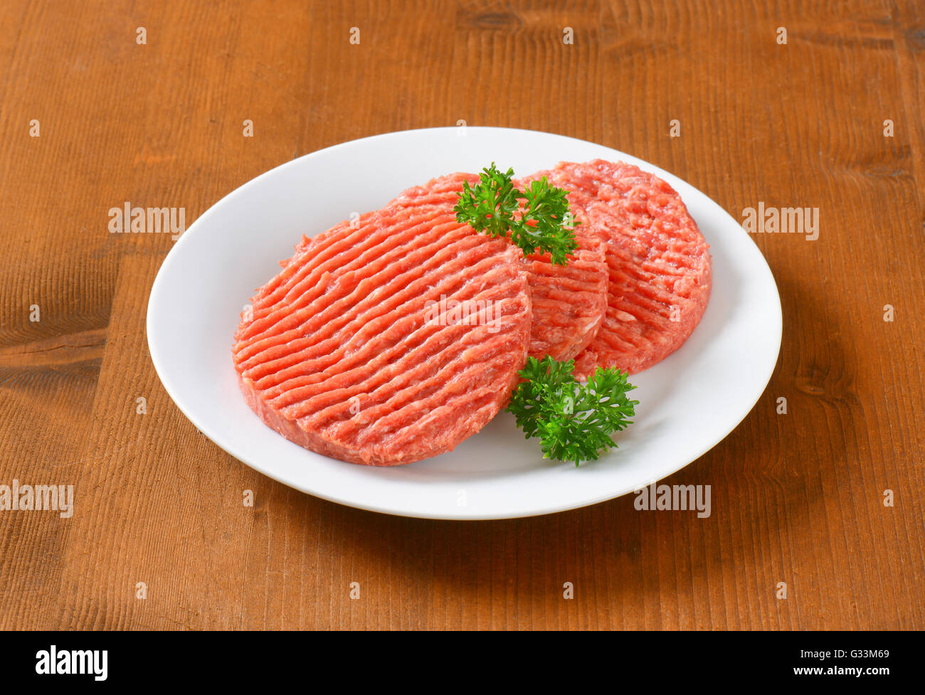plate of raw hamburger patties on wooden table Stock Photo - Alamy