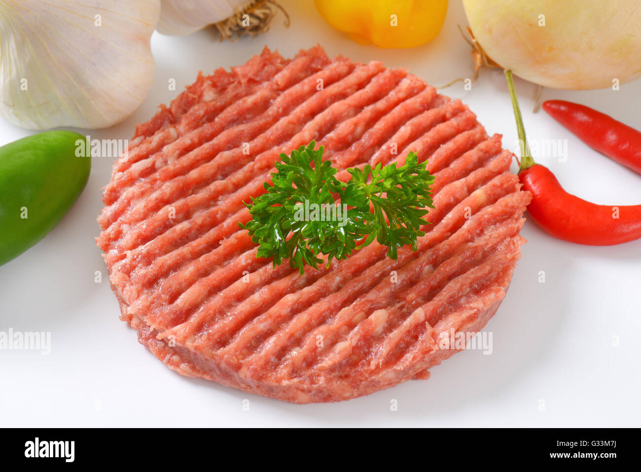close up of raw hamburger patty Stock Photo - Alamy