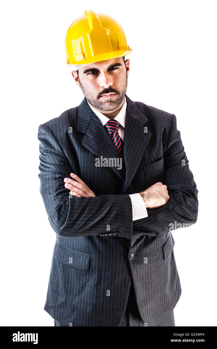 portrait of a classy businessman wearing a suit and a hard hat isolated ...