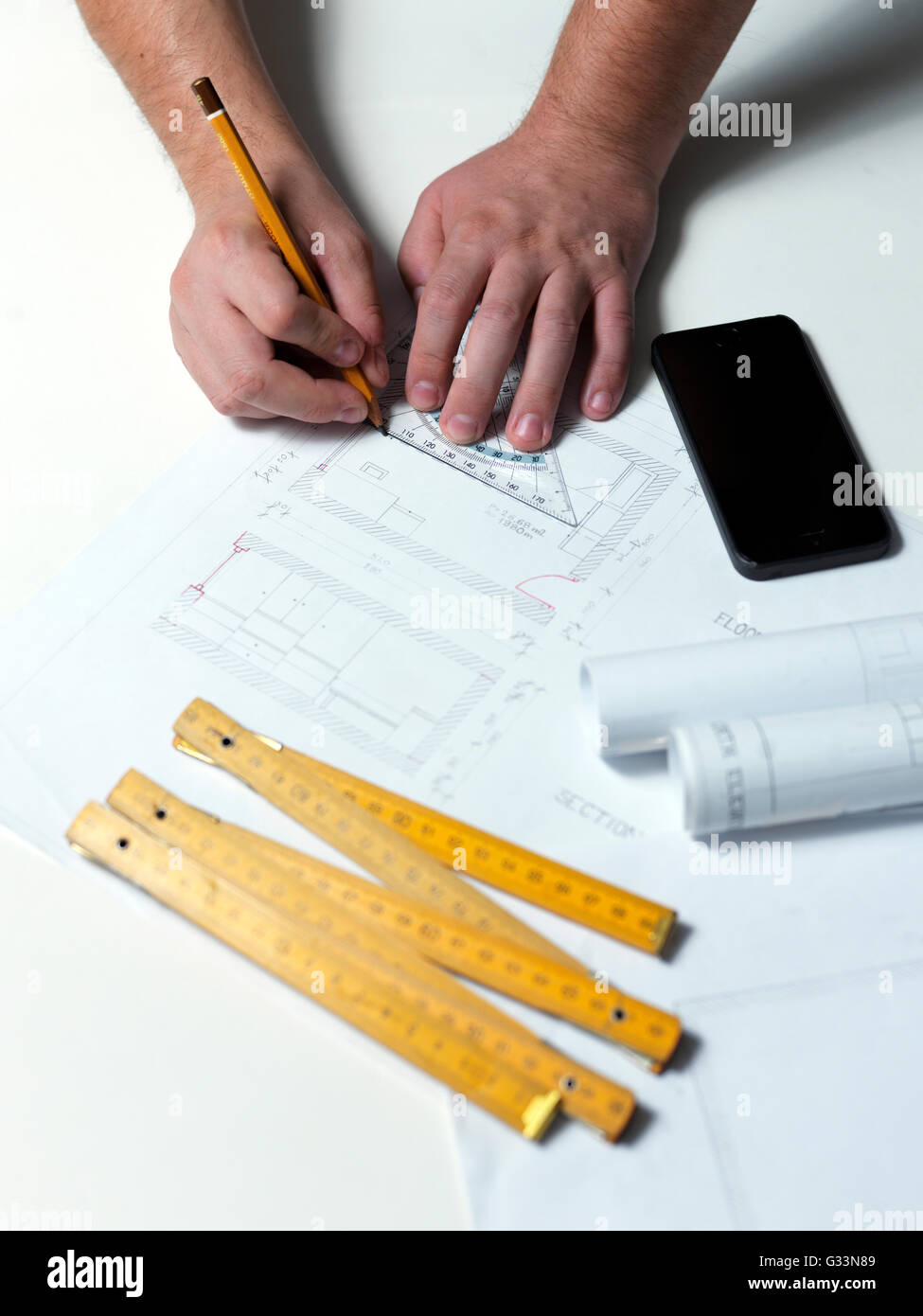 Business man draw buildings and present his architectural project Stock ...