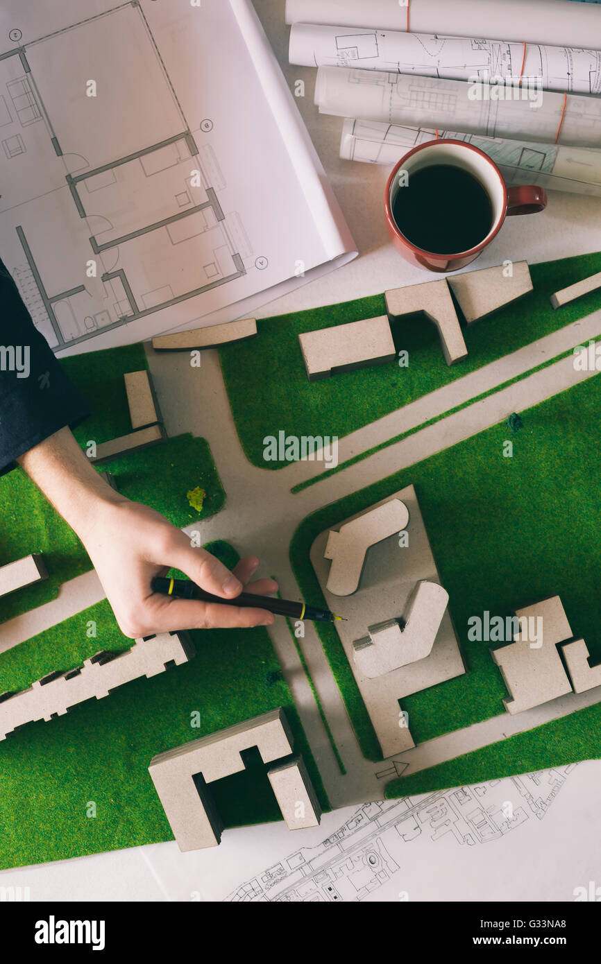 Top view of architect drawing on architectural project Stock Photo - Alamy