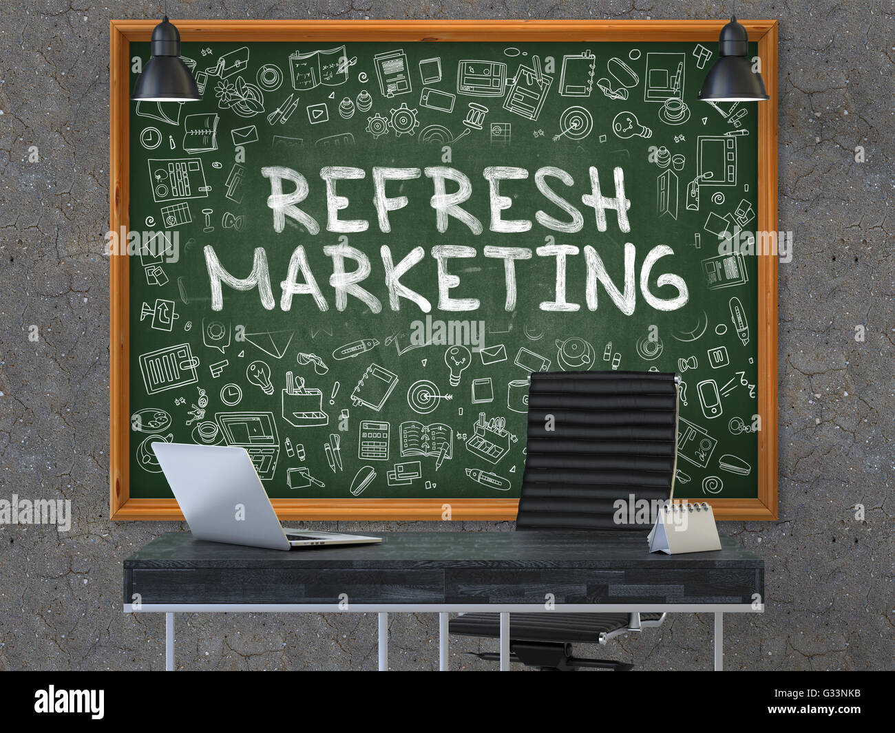 Refresh Marketing on Chalkboard with Doodle Icons Stock Photo - Alamy