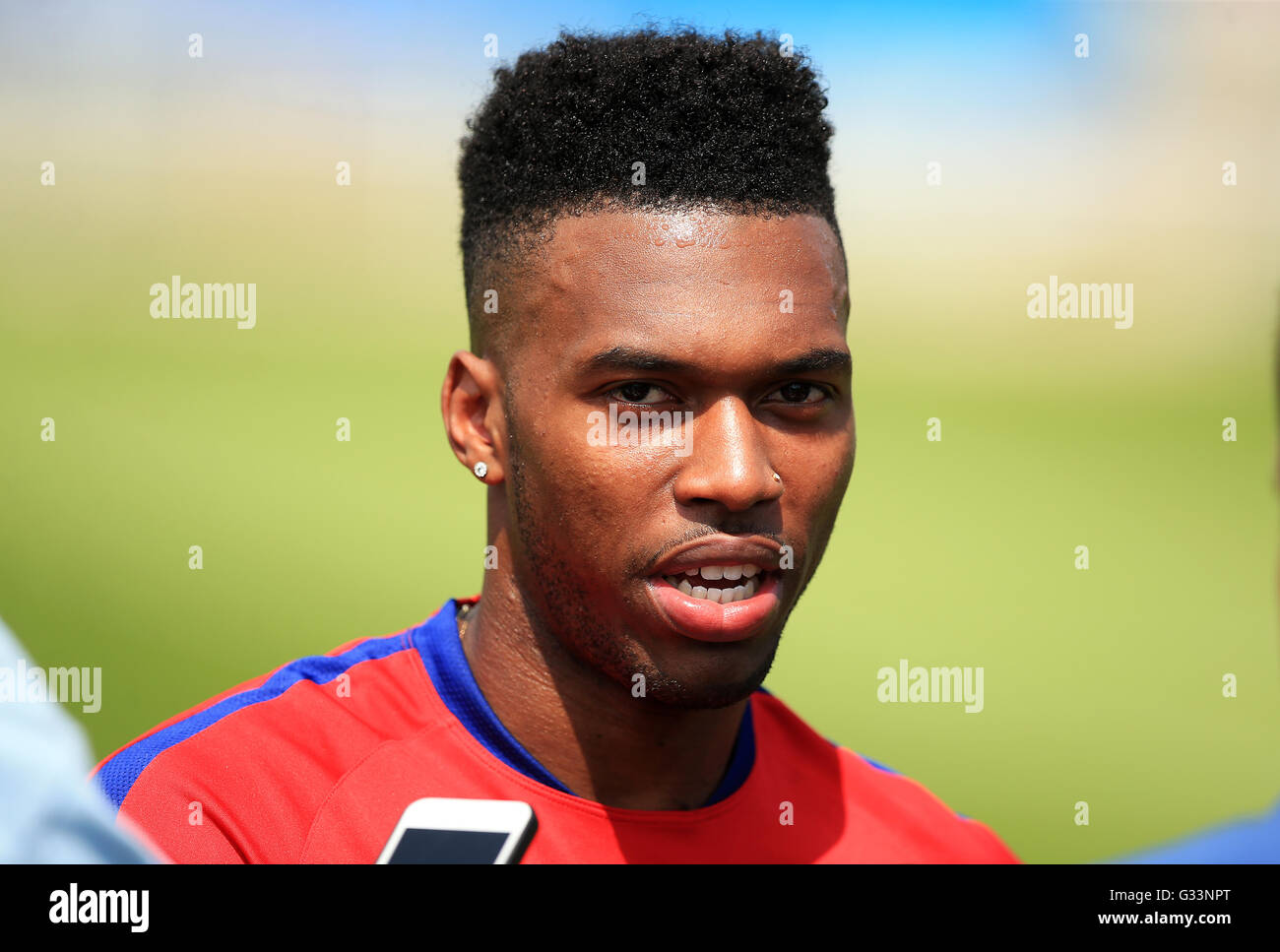 England's Daniel Sturridge is interviewed after a training session at ...