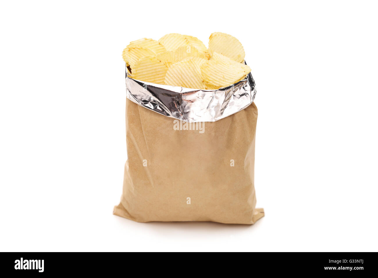 Studio shot of a brown bag full of potato chips isolated on white ...