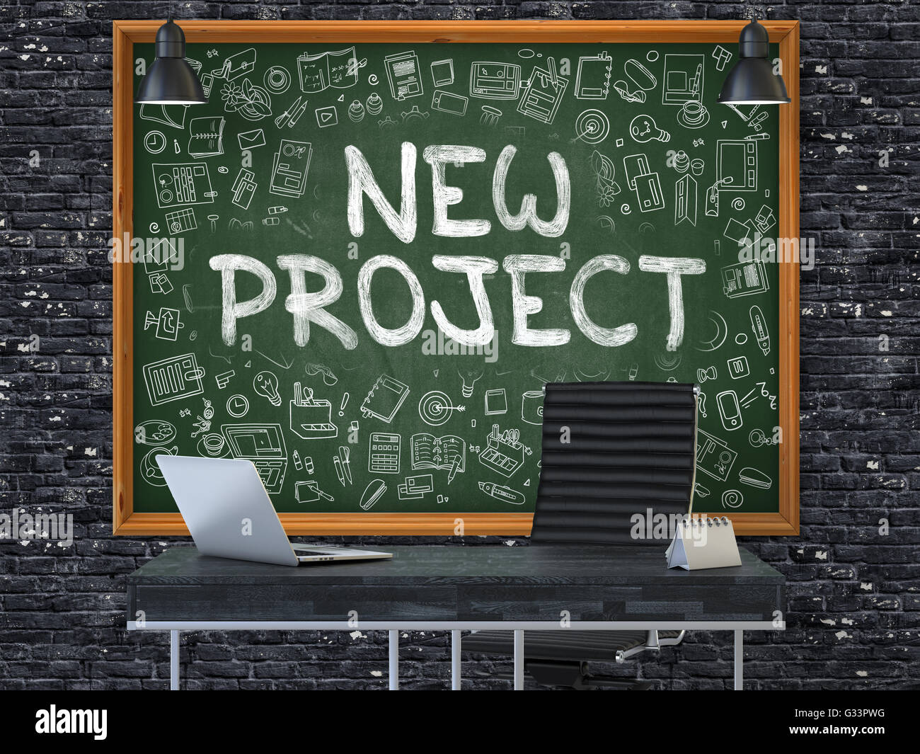 Hand Drawn New Project on Office Chalkboard Stock Photo - Alamy