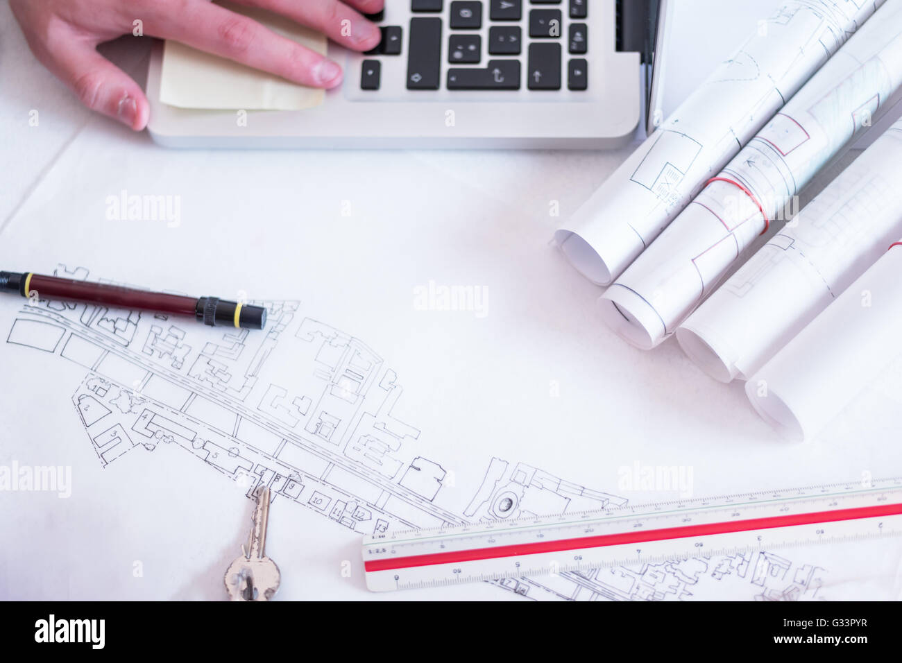 Top view of architect drawing on architectural project Stock Photo - Alamy