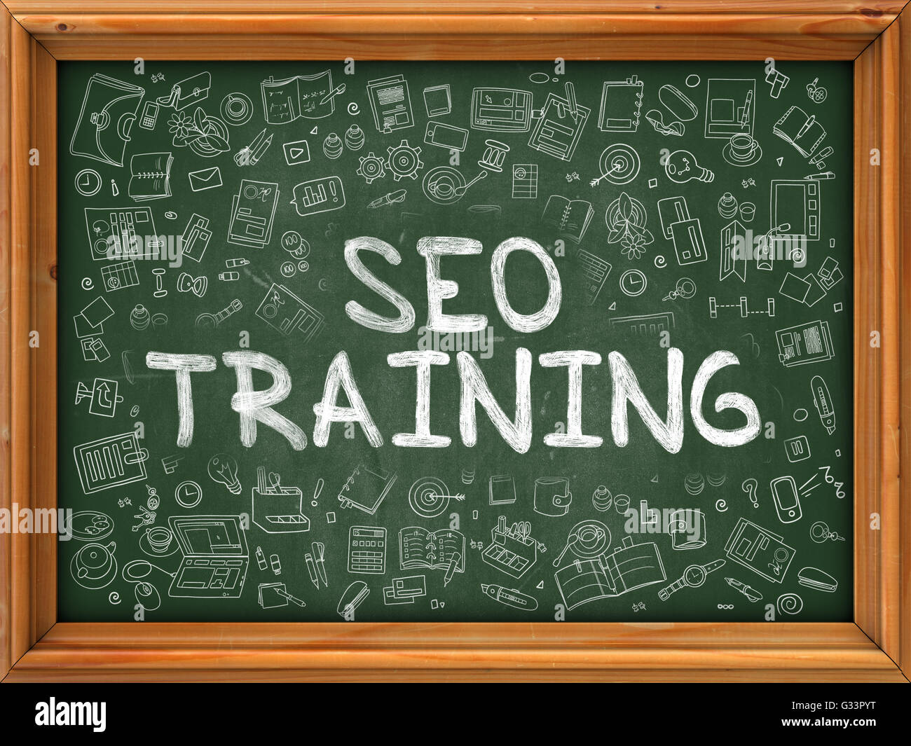 SEO Training Concept. Green Chalkboard with Doodle Icons Stock Photo ...