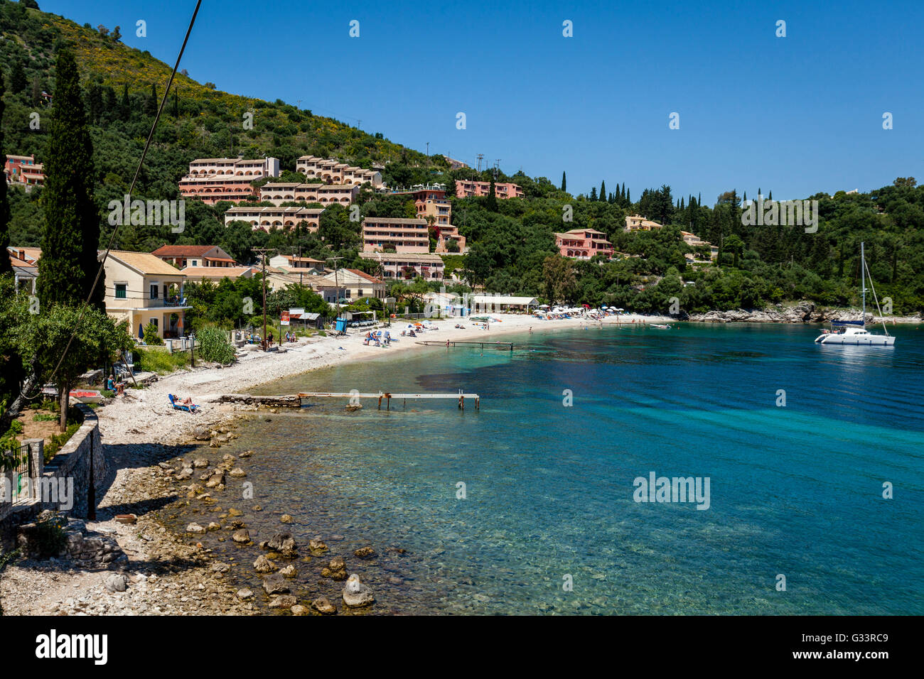 The Beach At The Village Of Kalami, Corfu Island, Greece Stock Photo ...