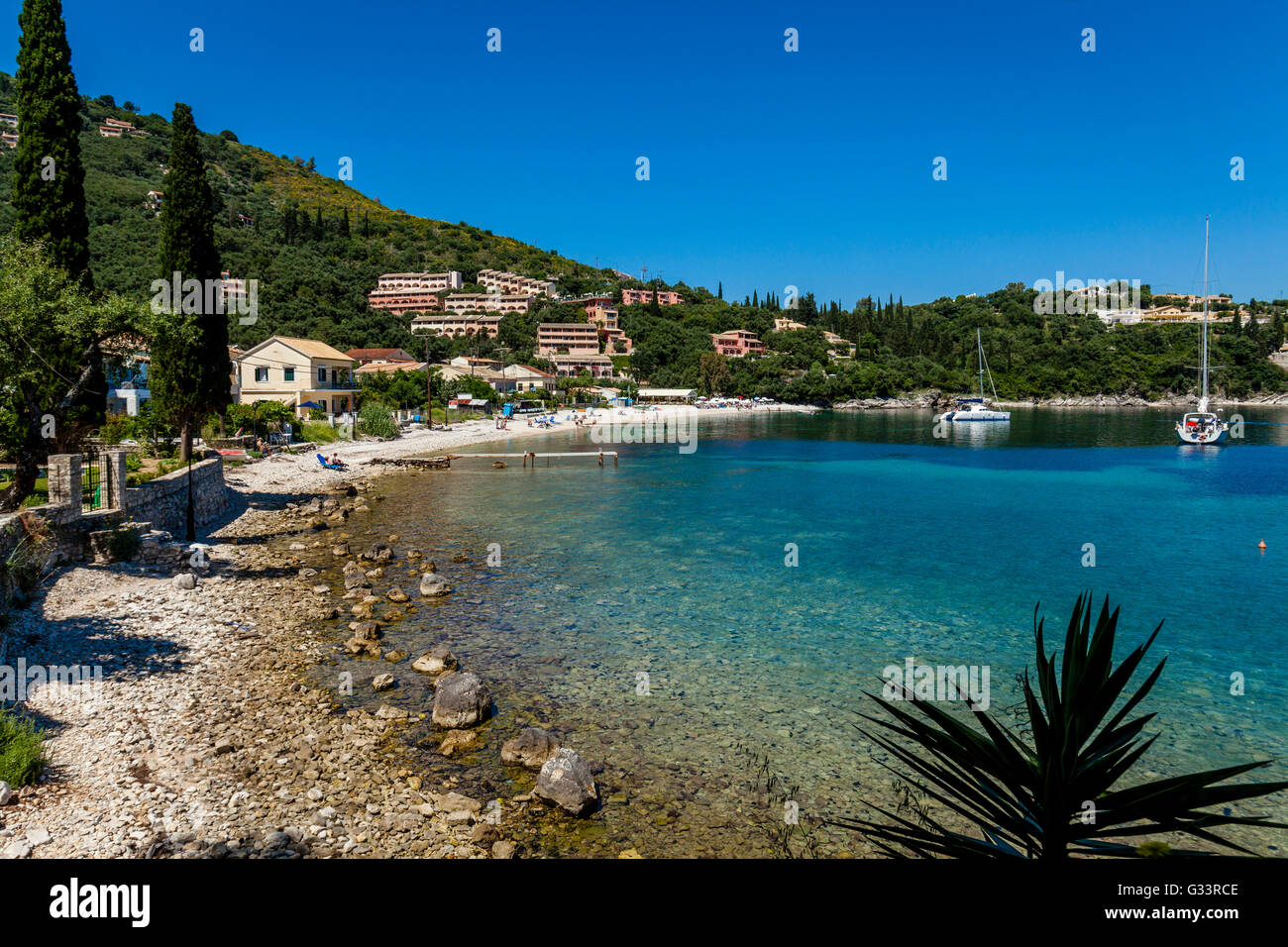 The Beach At The Village Of Kalami, Corfu Island, Greece Stock Photo ...