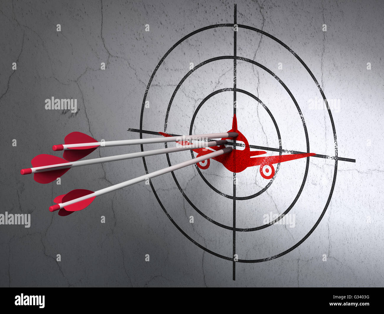 Vacation concept: arrows in Aircraft target on wall background Stock ...