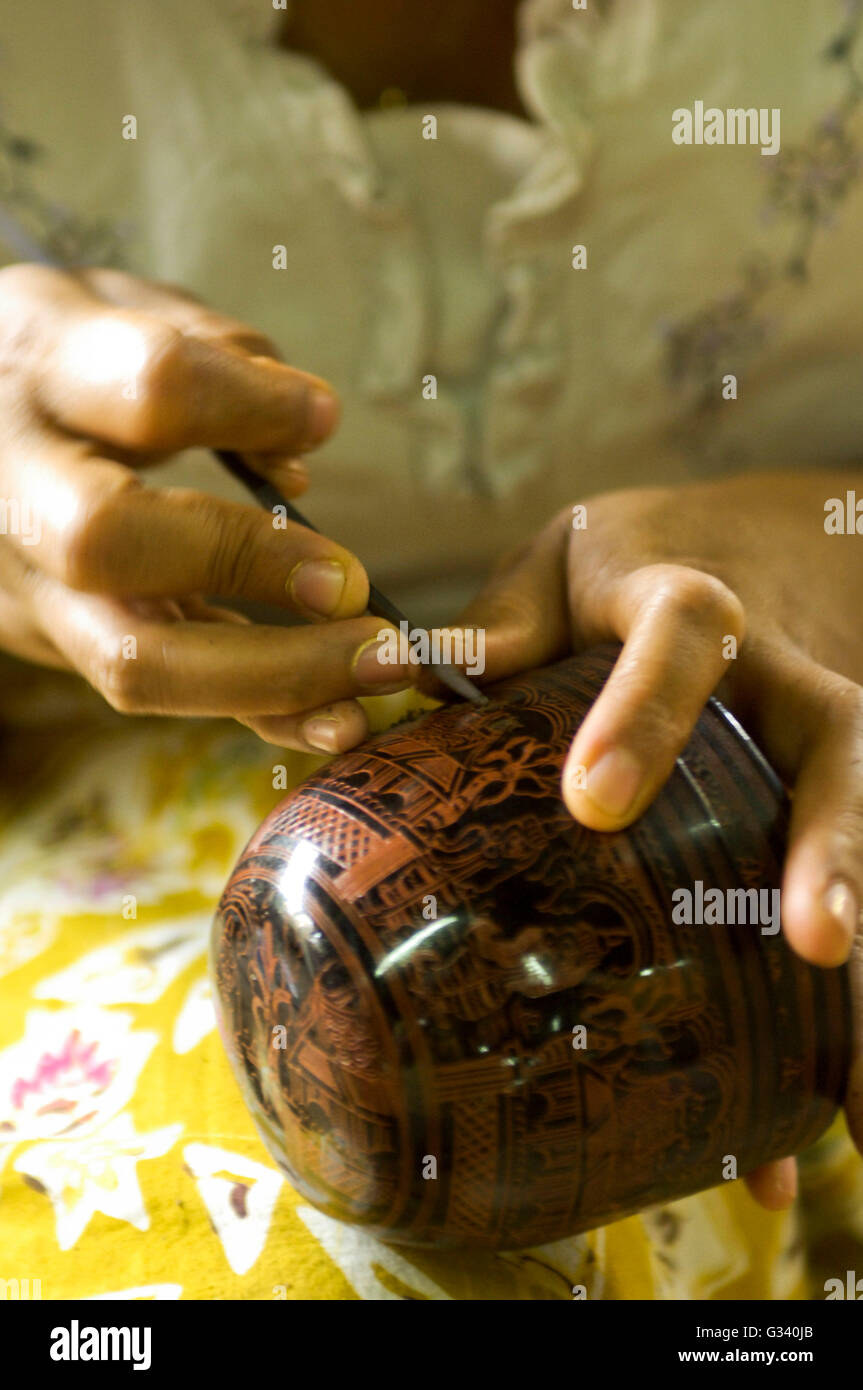 Engraving traditional lacquerware, Bagan, Central Myanmar, Myanmar ...