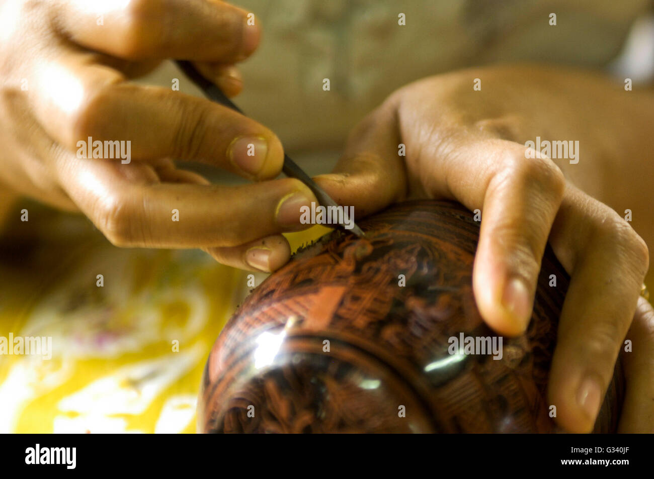 Engraving traditional lacquerware, Bagan, Central Myanmar, Myanmar ...