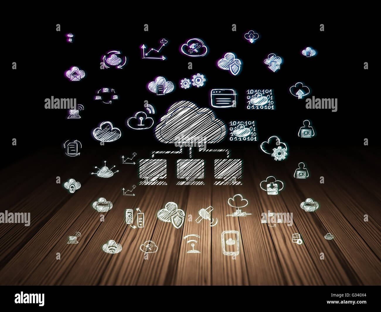 Cloud computing concept: Cloud Network in grunge dark room Stock Photo ...