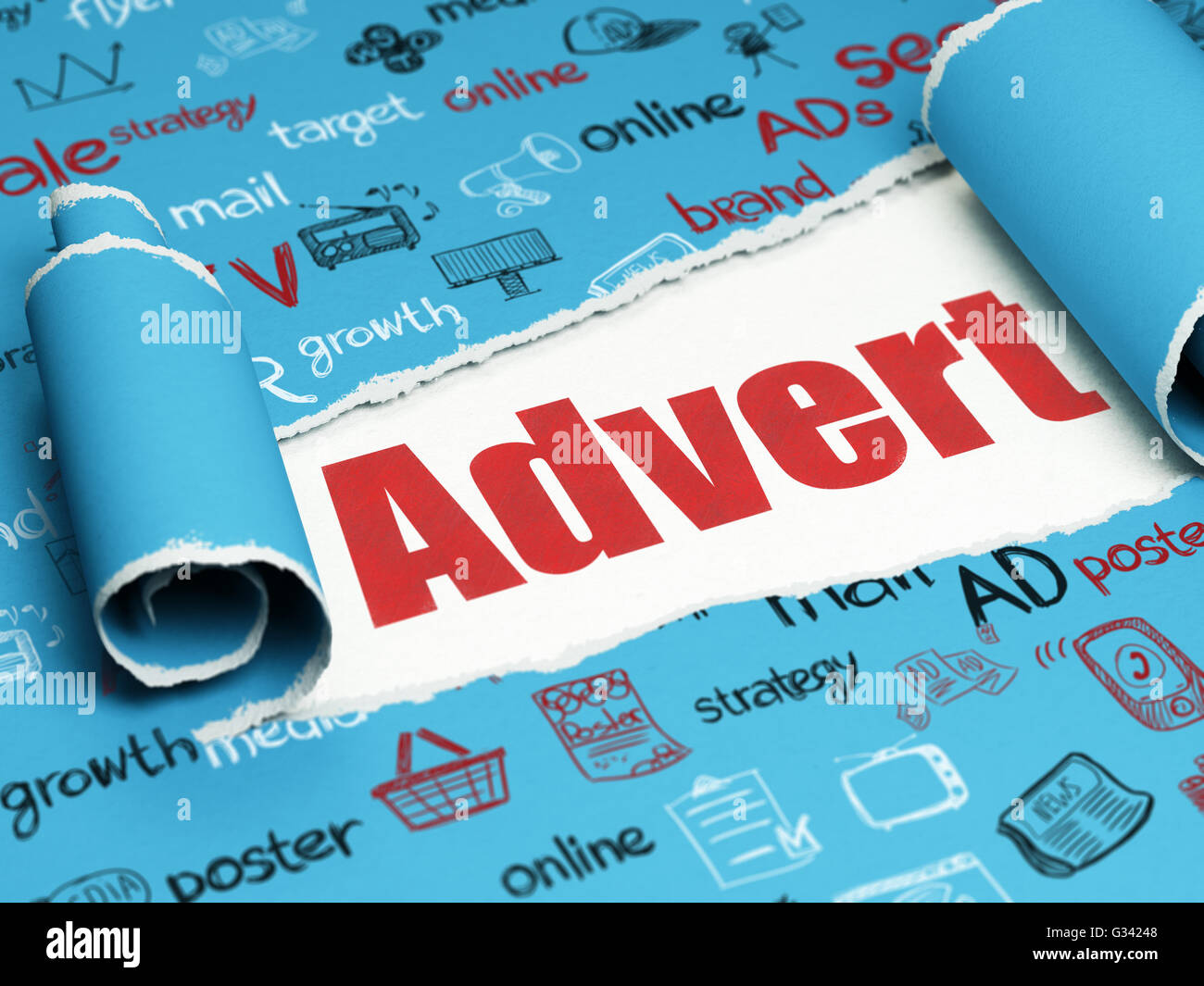 Advertising concept: red text Advert under the piece of torn paper ...