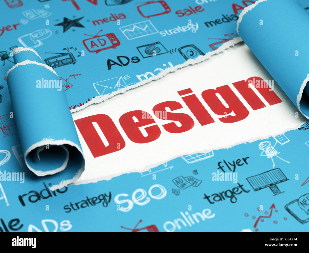 Advertising concept: red text Design under the piece of torn paper ...