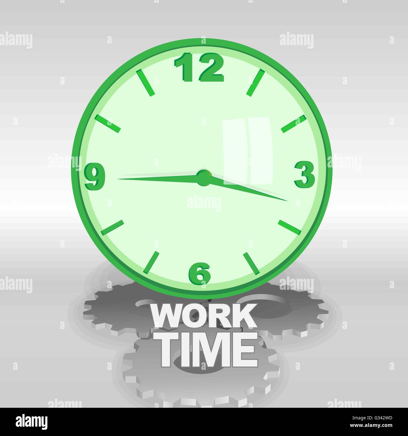 Big green 3d clock with work time text. Reflection on the glass, silver ...