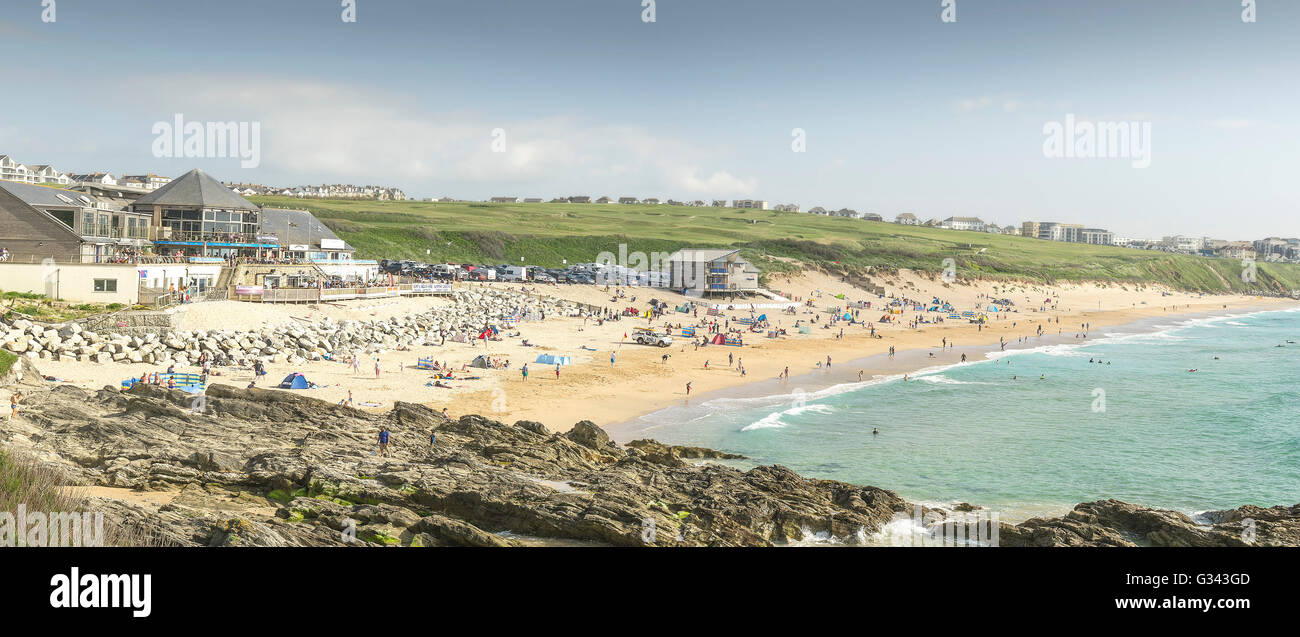A panoramic view of sunny weather over Fistral Beach in Newquay ...