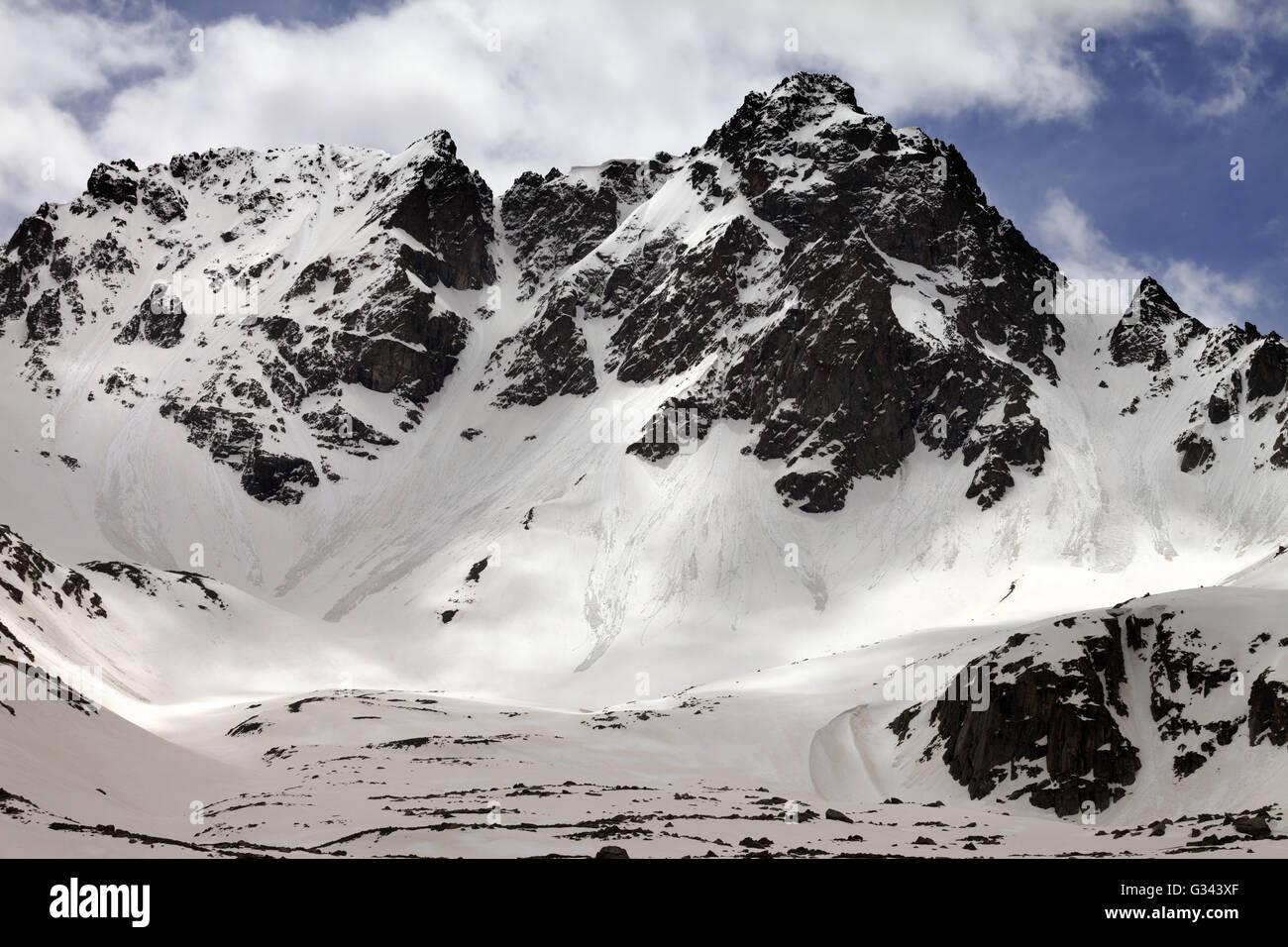 Snowy rocks with traces from avalanches. Turkey, Kachkar Mountains ...