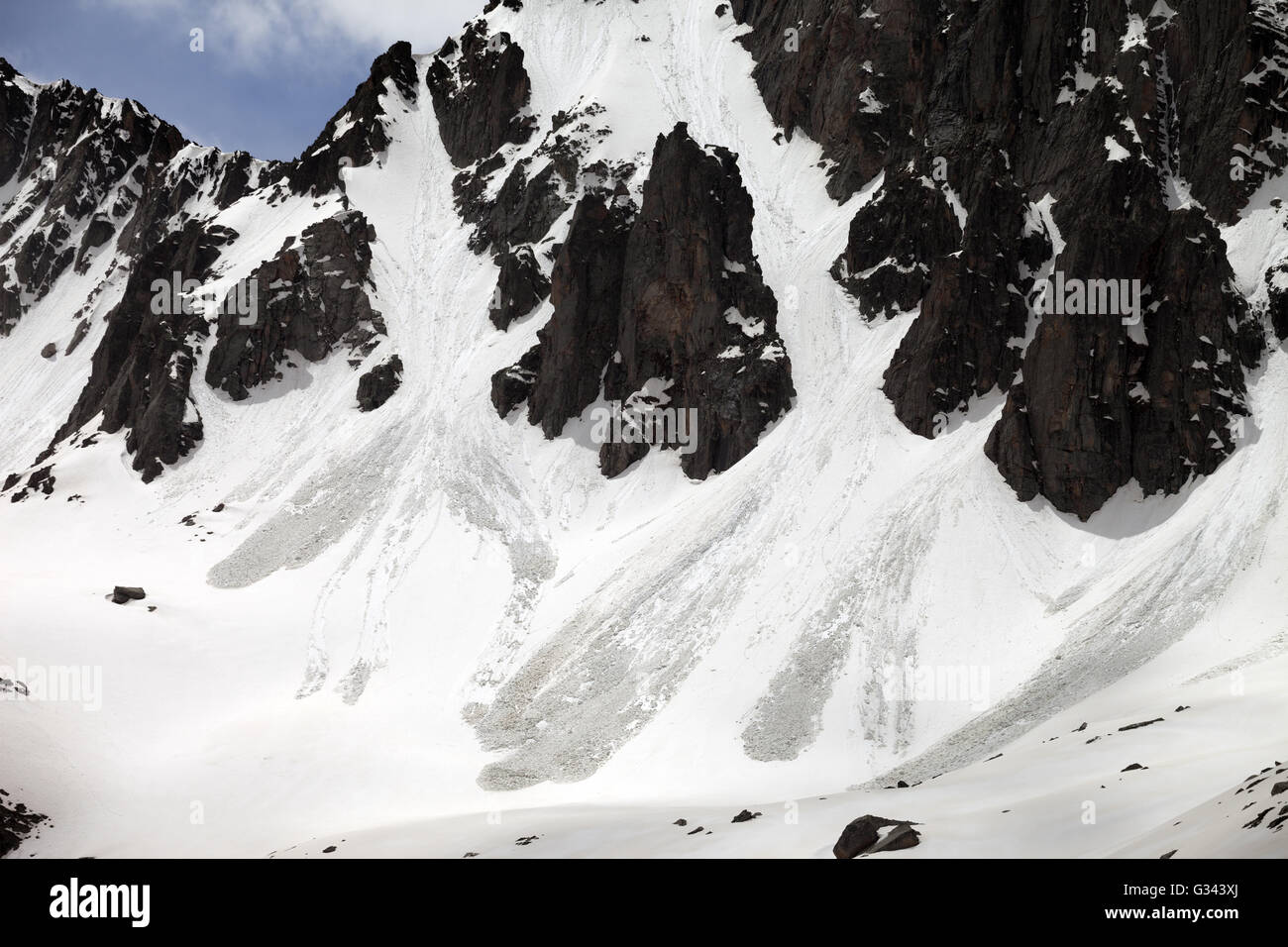 Snowy rocks with traces from avalanche. Turkey, Kachkar Mountains ...