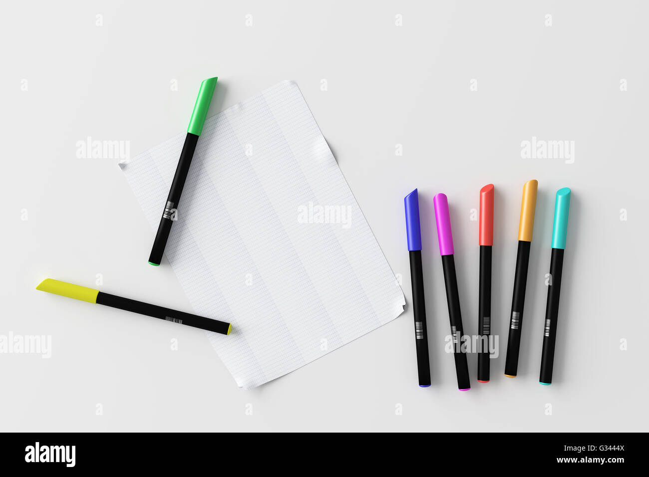 3d rendering of bright colorful pens with sheet of paper on white ...