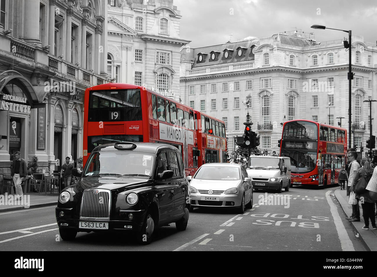 London, UK -Double-decker buses with black and white background Stock ...