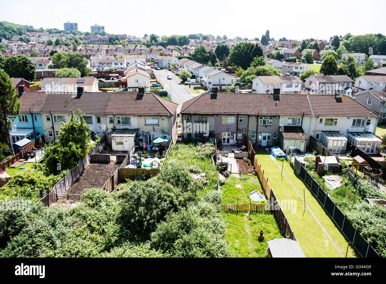 Airal view of a row of 1950s council houses, back gardens with an ...