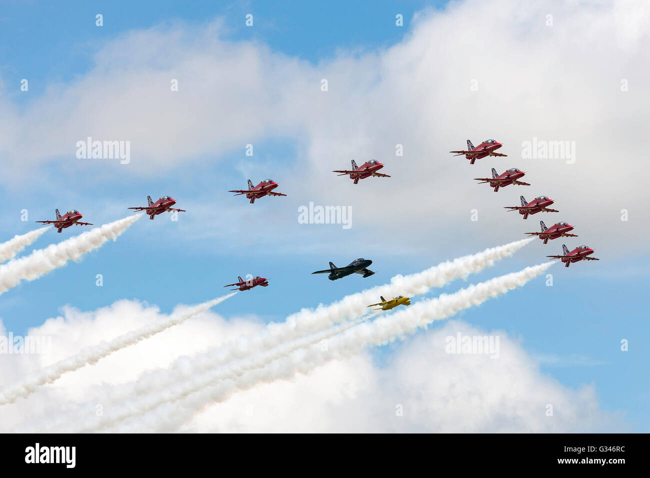 Royal Air Force Red Arrows display team in formation with a Hawker ...