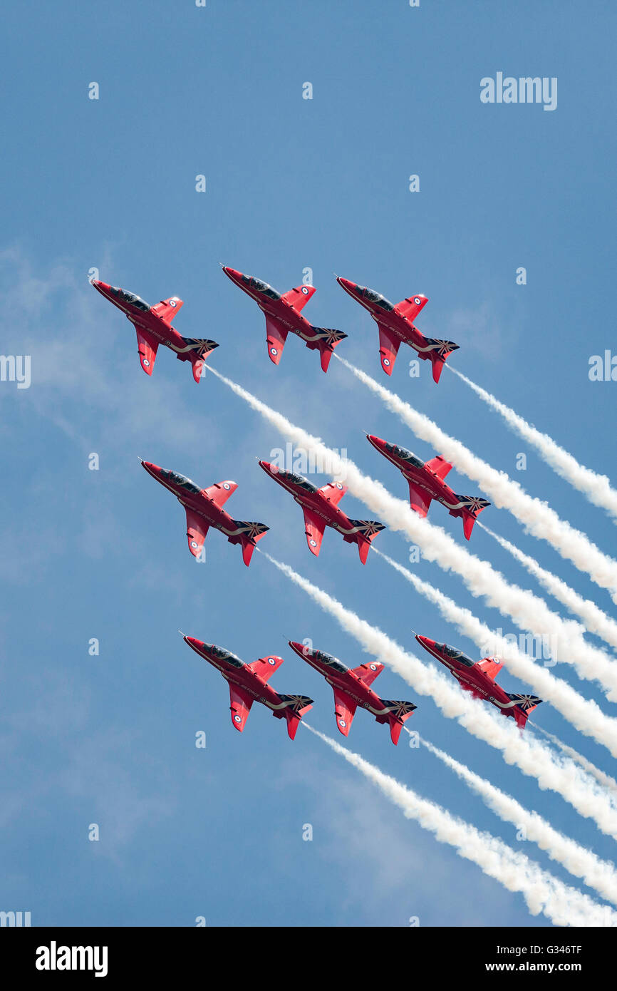 Royal Air Force (RAF) Red Arrows aerobatic display team performing at ...