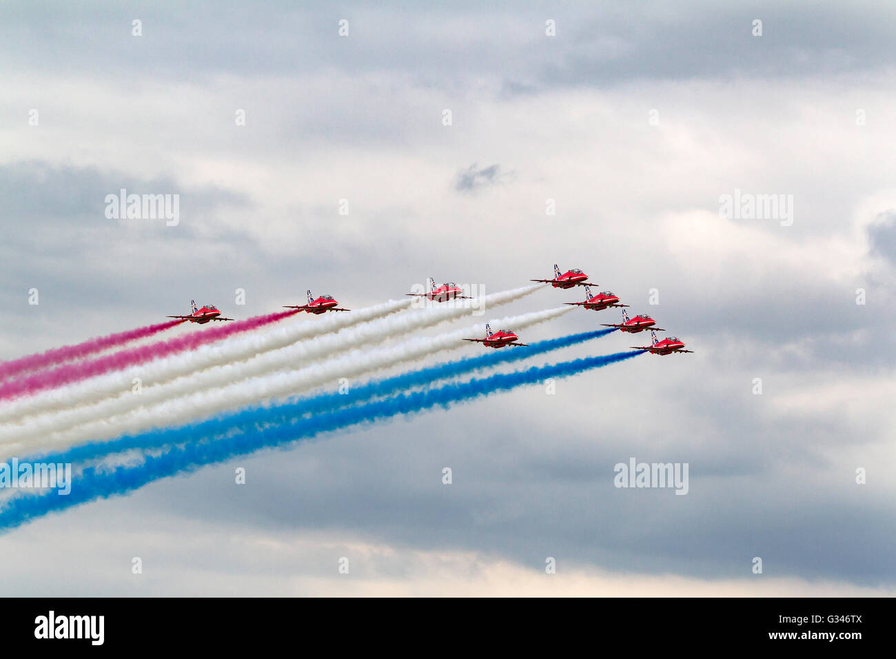 Royal Air Force (RAF) Red Arrows aerobatic display team performing at ...