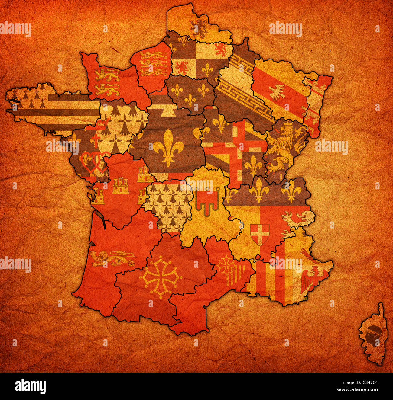 old map of france with flags of administrative divisions Stock Photo ...