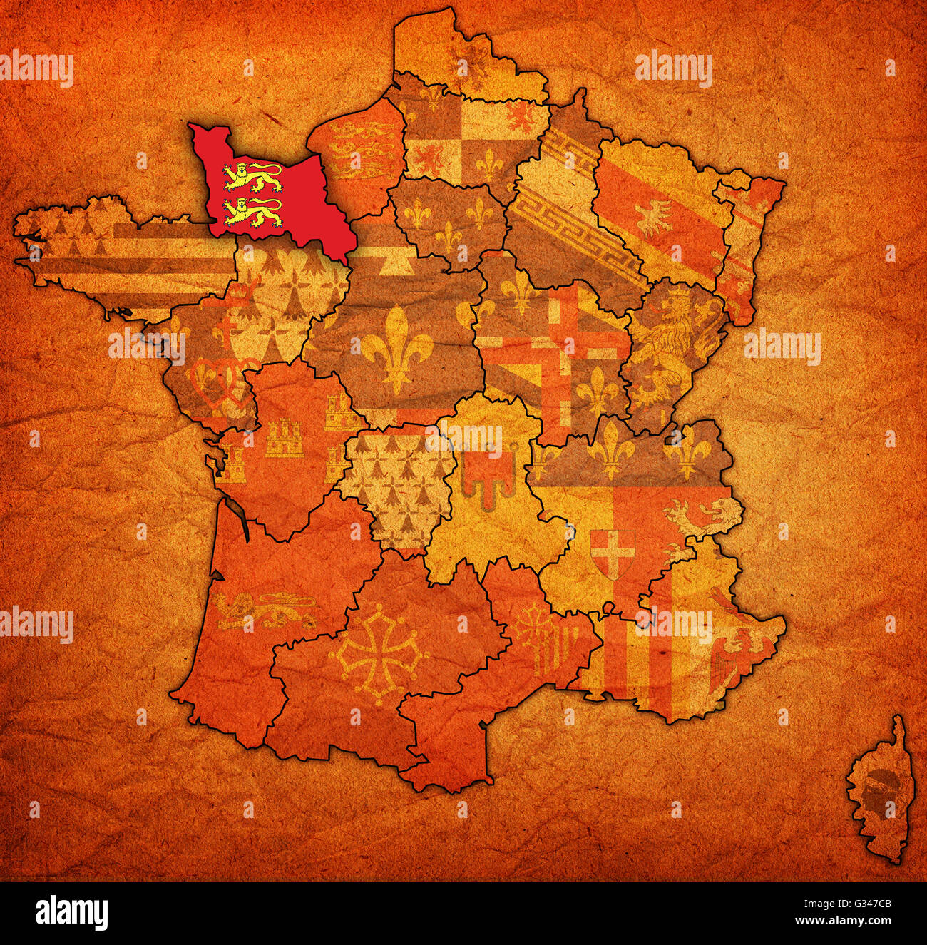 Lower Normandy on old map of france with flags of administrative ...