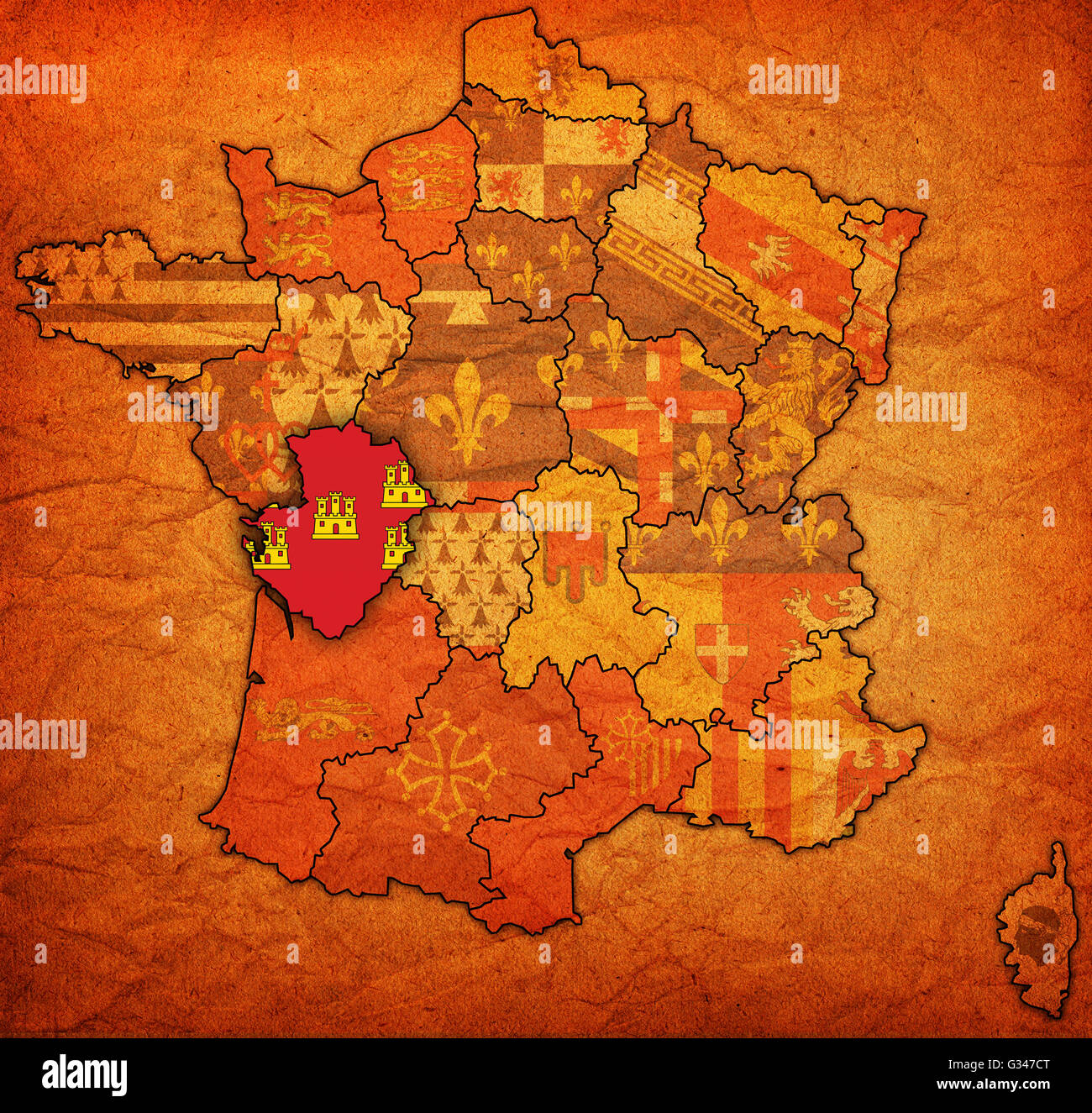 Poitou-Charentes on old map of france with flags of administrative ...