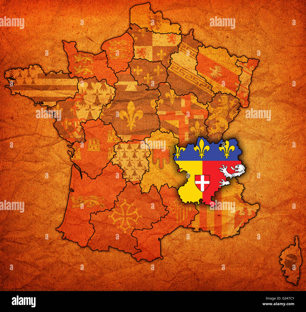 Rhone-Alpes on old map of france with flags of administrative divisions ...