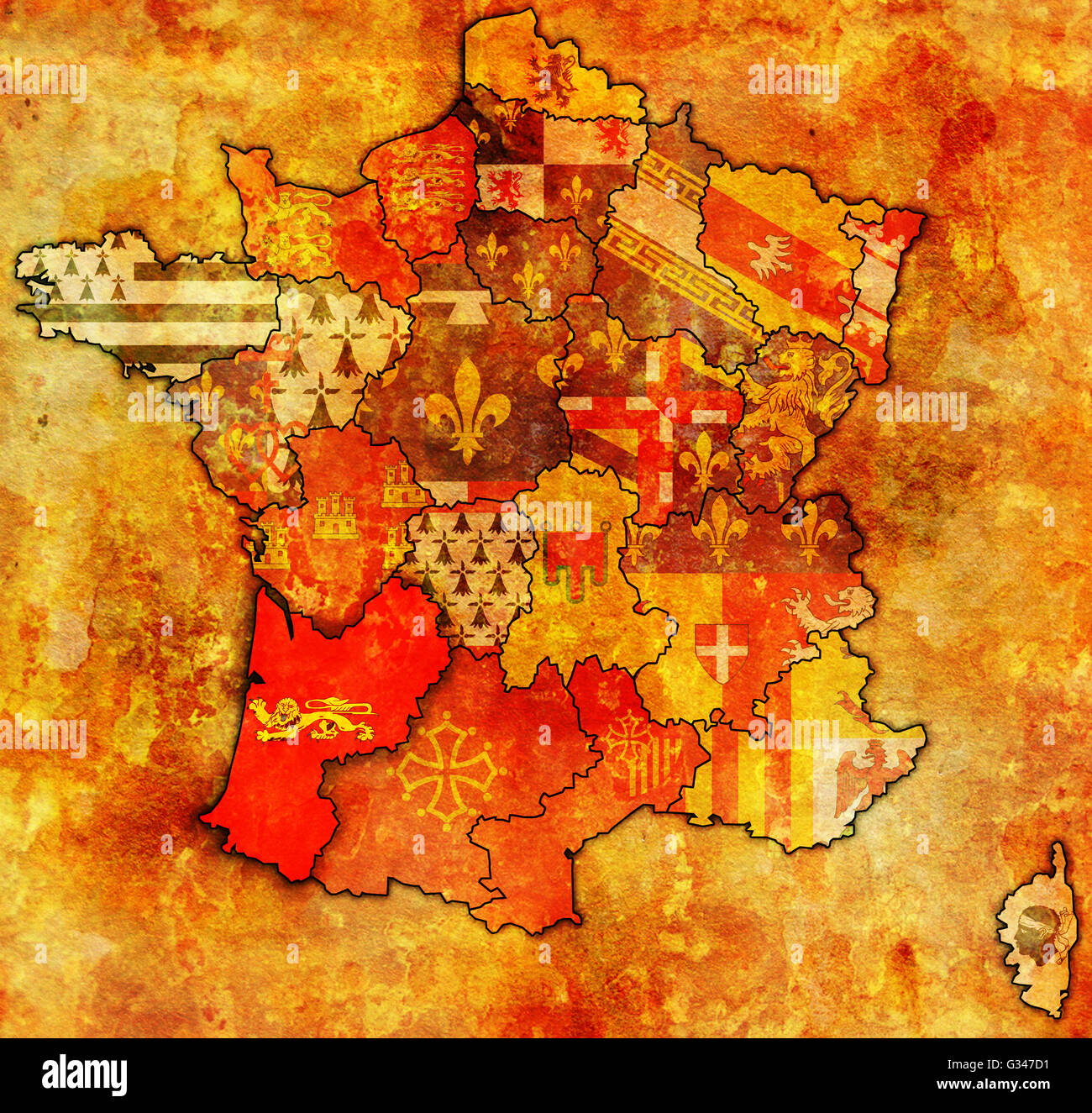 aquitaine on old map of france with flags of administrative divisions ...