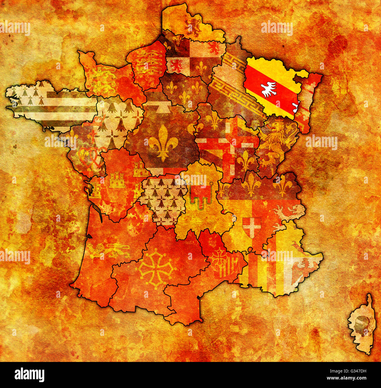 Lorraine on old map of france with flags of administrative divisions ...