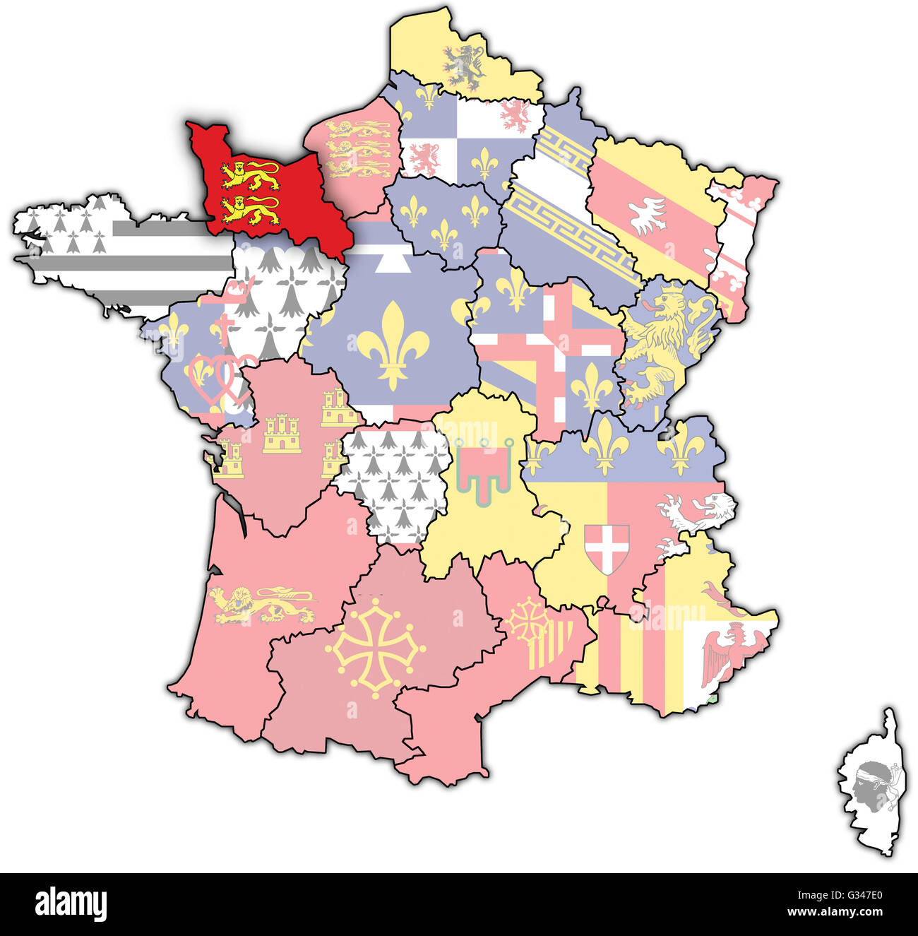 Lower Normandy on old map of france with flags of administrative ...