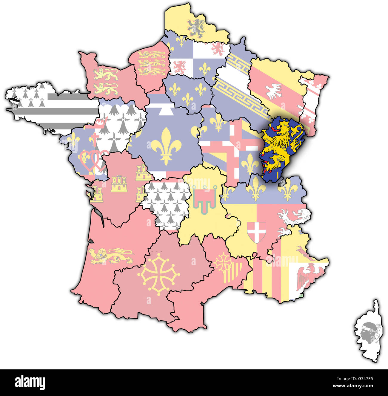 Franche-Comte on old map of france with flags of administrative ...